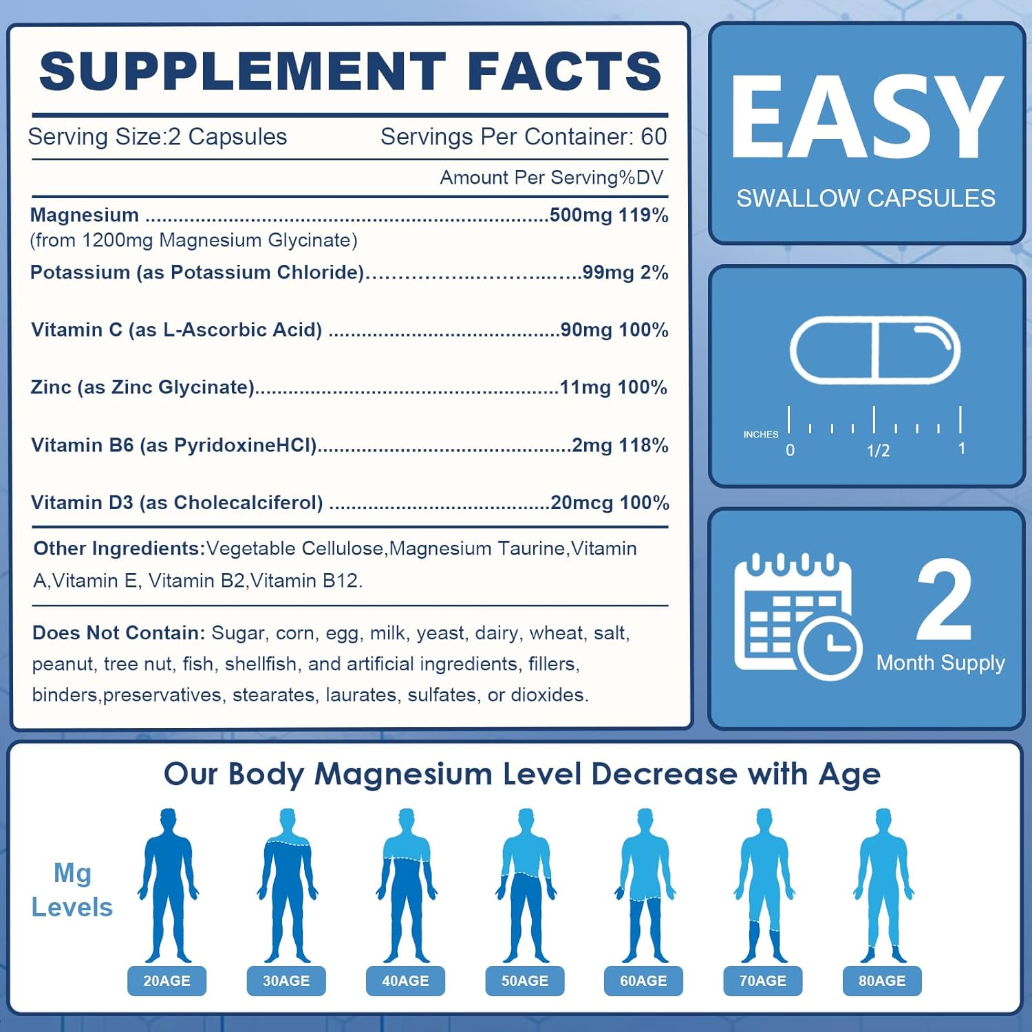 Magnesium Glycinate 500mg, Chelated Magnesium with Zinc & Vitamin D3 ...