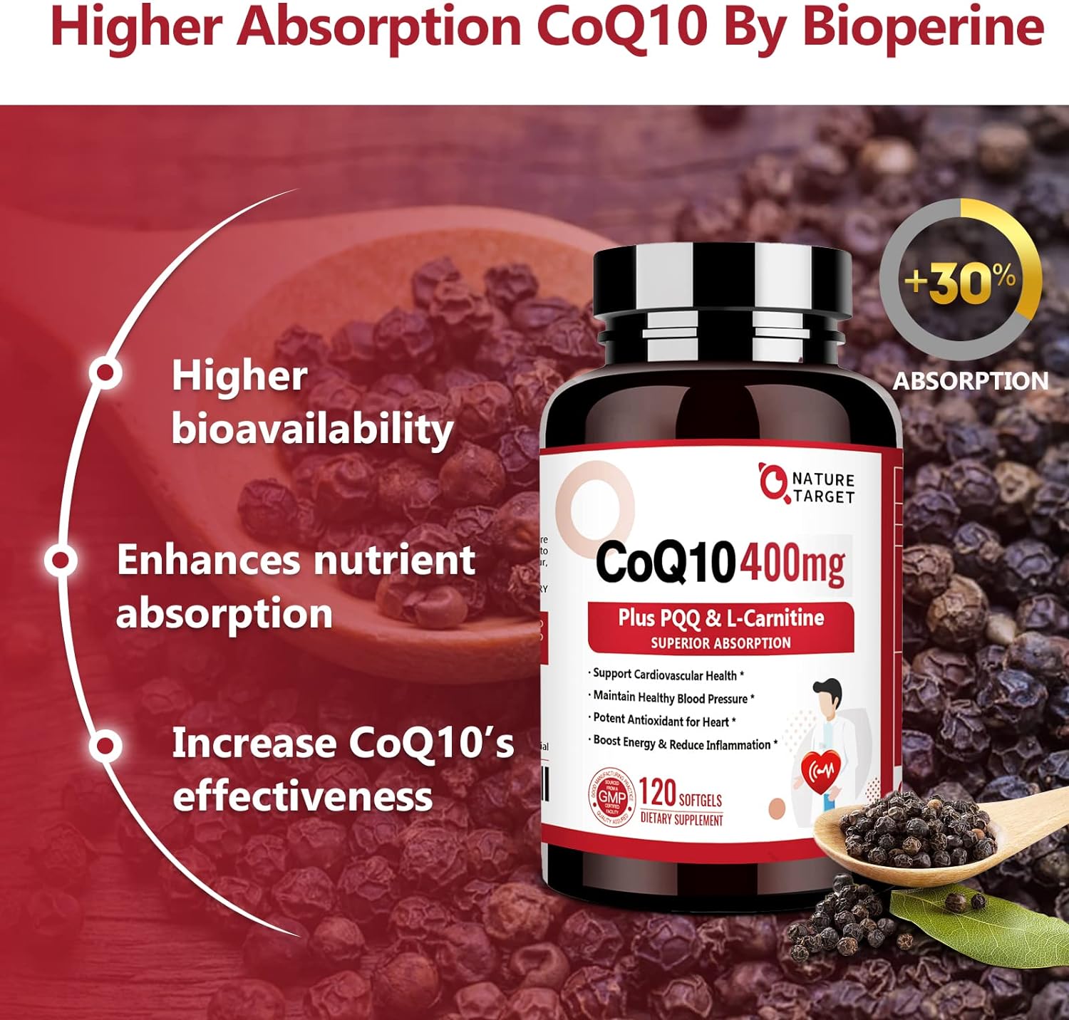CoQ10 Dietary Supplement 400mg, 120 Count with PQQ - Nature Target
