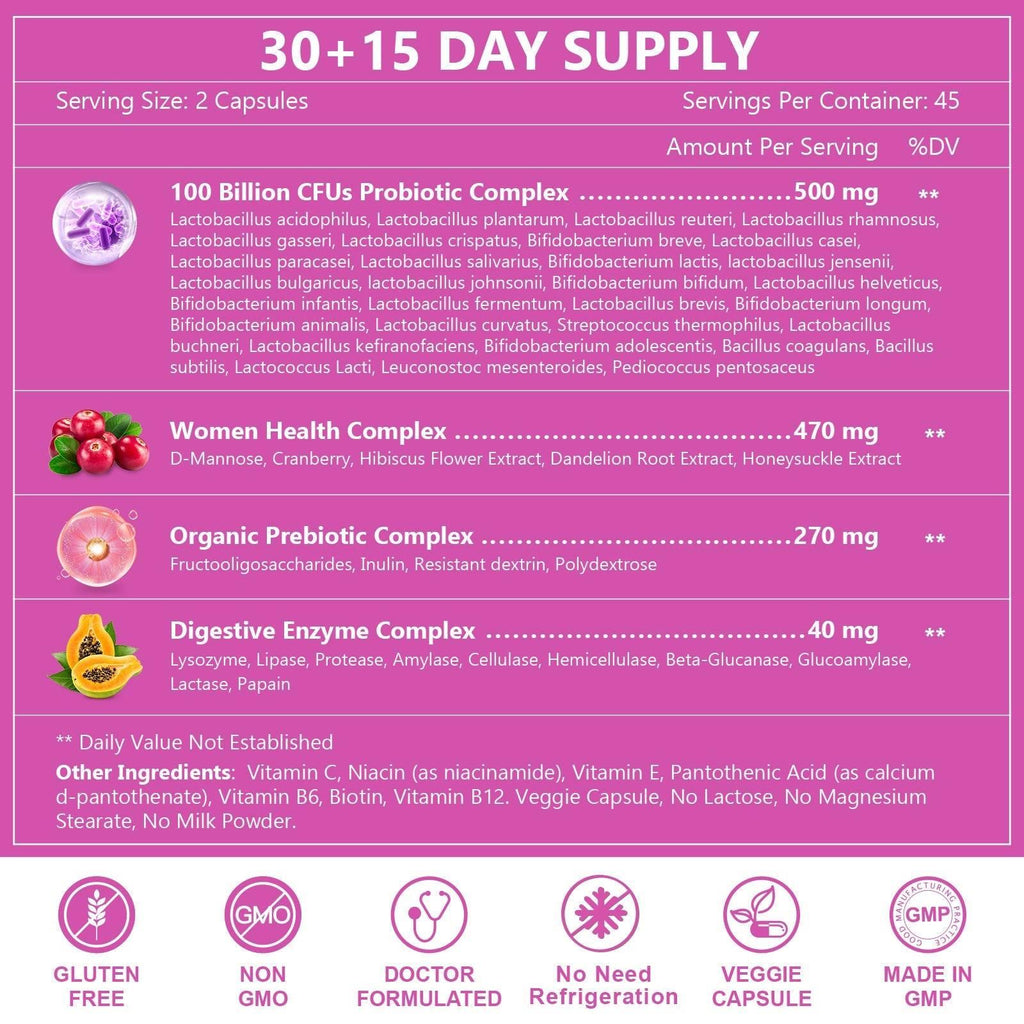 Probiotic for Women's Gut Health, 90 Veggie Capsules, 100 Billion CFUs ...